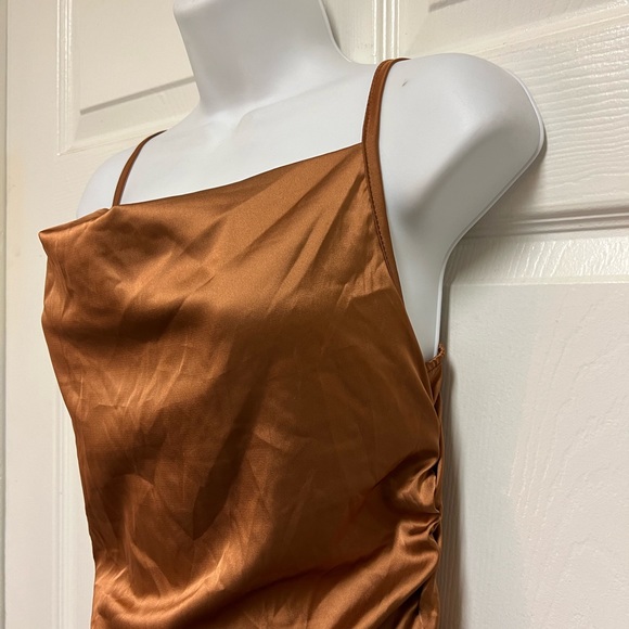 ROMWE | Dresses | Romwe Copper Draped Side Drawstring Satin Bodycon ...
